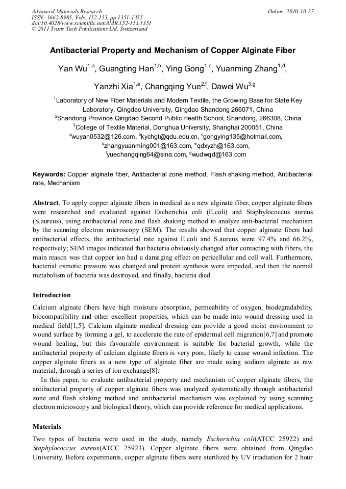 Antibacterial Property and Mechanism of Copper Alginate Fiber ...