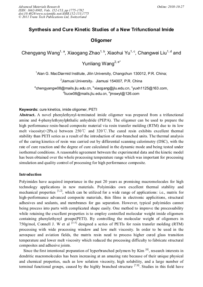 Synthesis and Cure Kinetic Studies of a New Trifunctional Imide ...