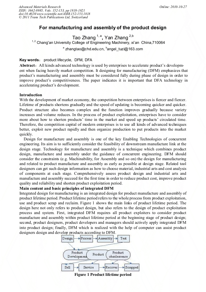 For Manufacturing and Assembly of the Product Design | Scientific.Net