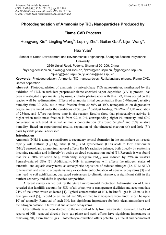 Photodegradation of Ammonia by TiO2 Nanoparticles Produced by Flame CVD ...
