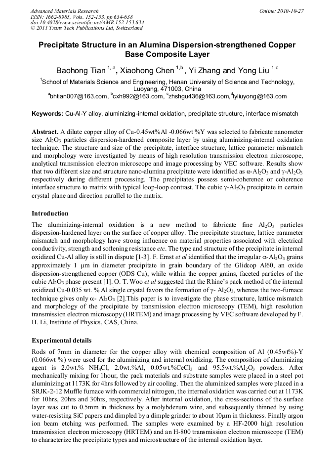 Precipitate Structure in an Alumina Dispersion-Strengthened Copper Base ...