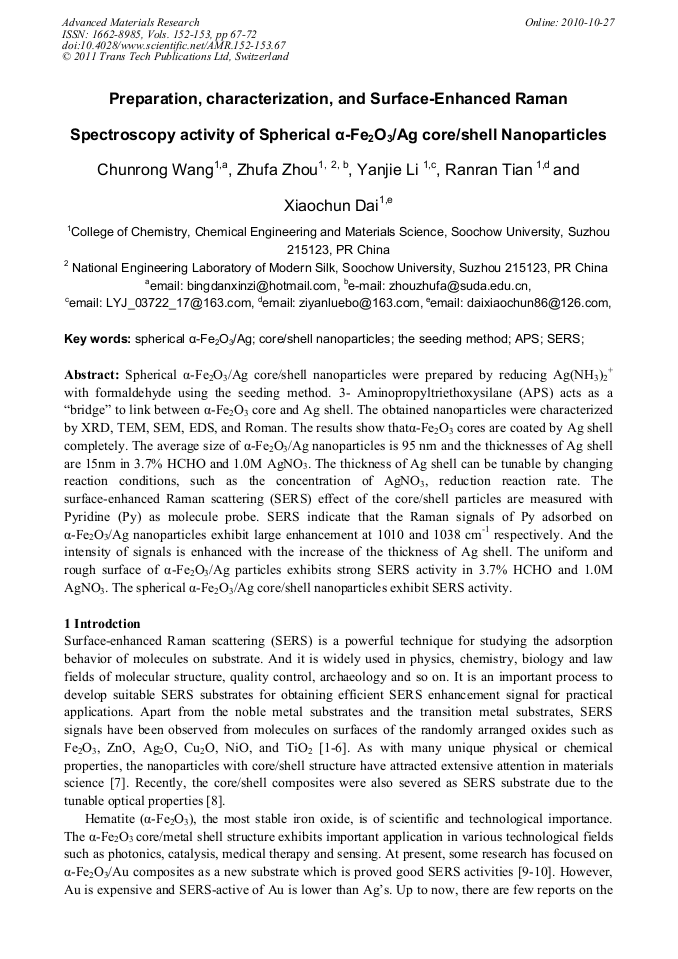 Preparation, Characterization, and Surface-Enhanced Raman Spectroscopy ...