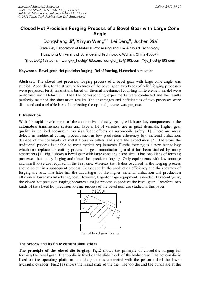 Closed Hot Precision Forging Process of a Bevel Gear with Large Cone ...