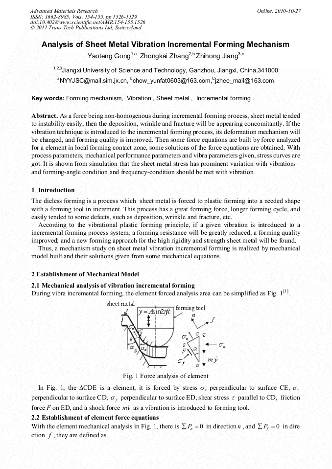 Analysis of Sheet Metal Vibration Incremental Forming Mechanism ...