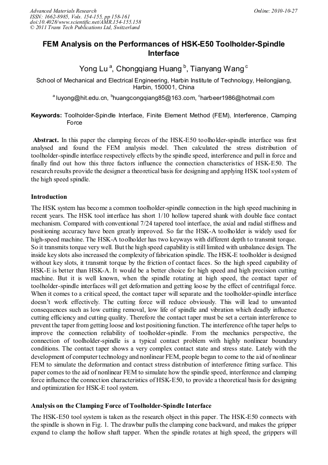 FEM Analysis on the Performances of HSK-E50 Toolholder-Spindle ...