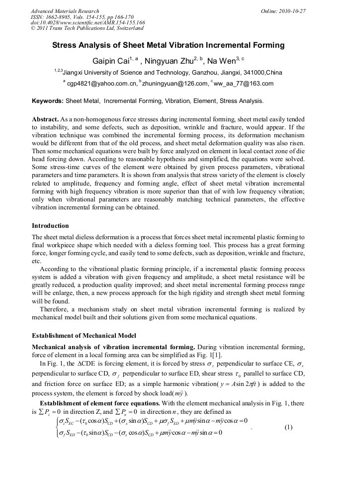 Stress Analysis of Sheet Metal Vibration Incremental Forming ...