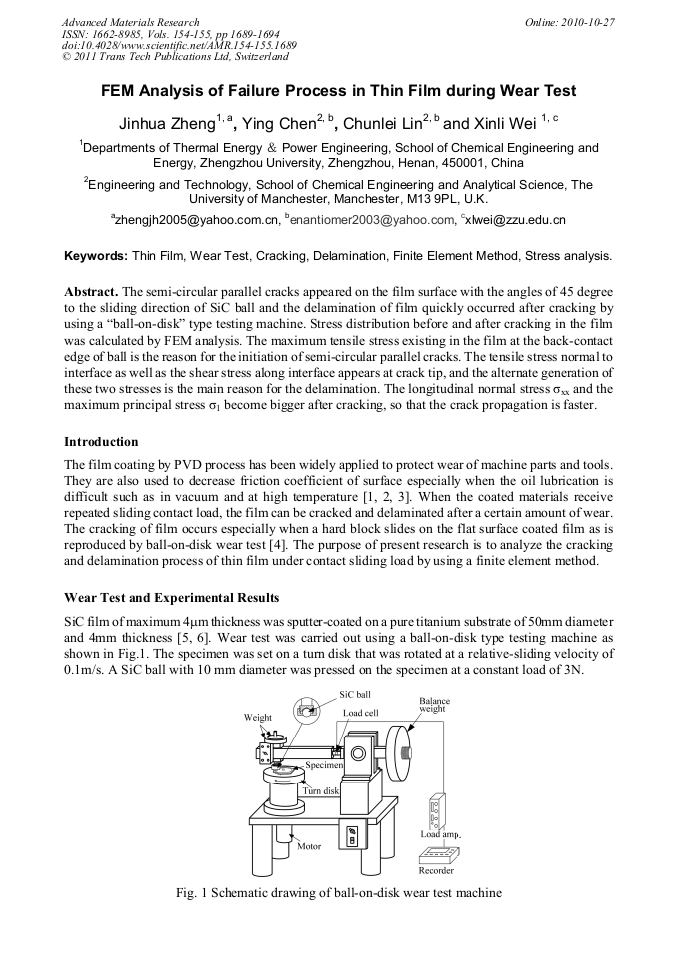 FEM Analysis of Failure Process in Thin Film during Wear Test ...
