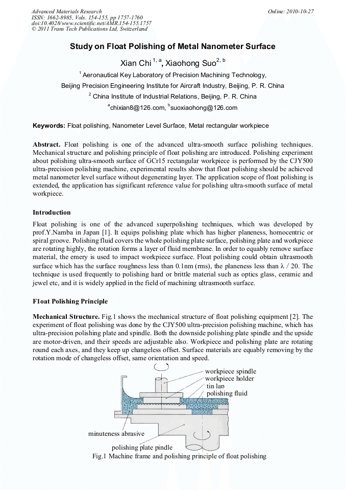Study on Float Polishing of Metal Nanometer Surface | Scientific.Net