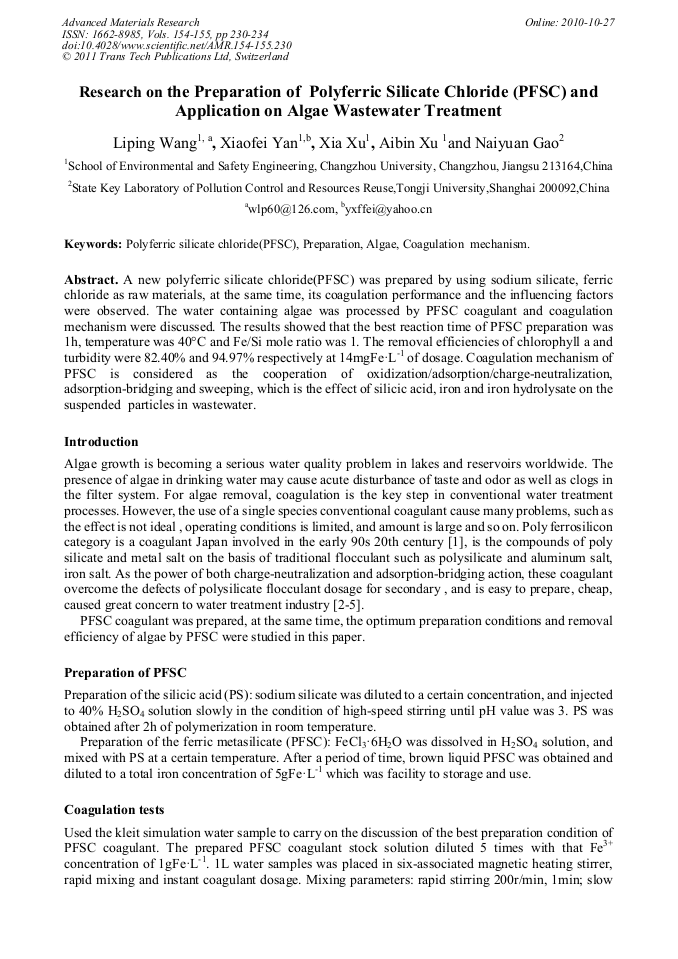 Research on the Preparation of Polyferric Silicate Chloride (PFSC) and ...