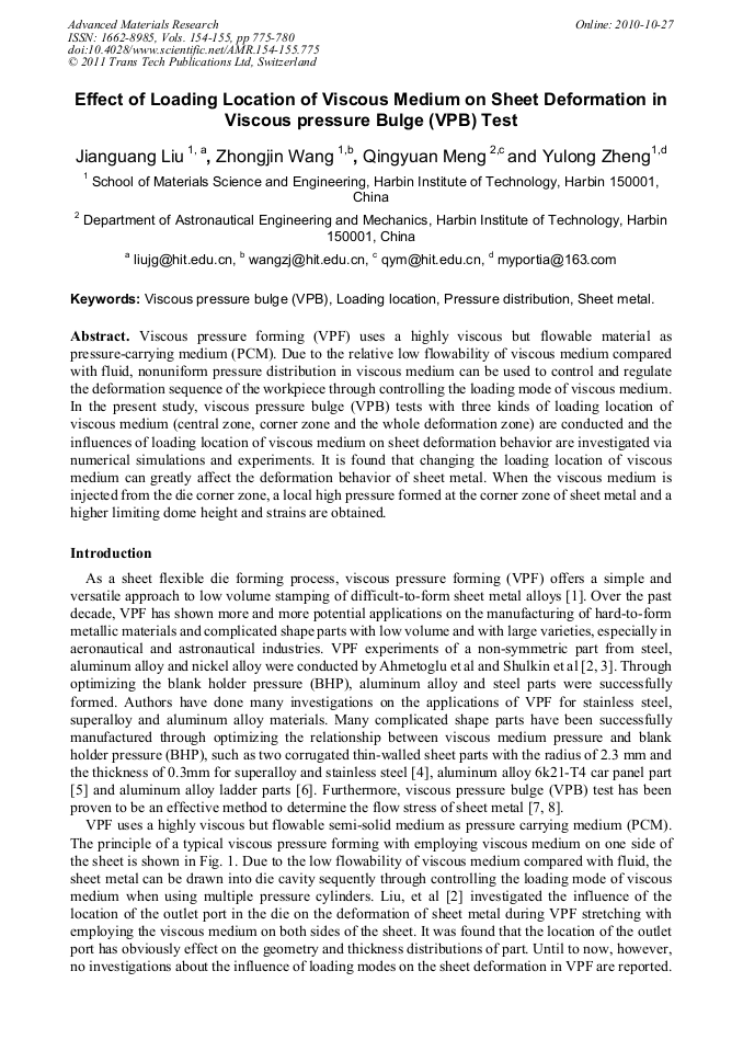 Effect of Loading Location of Viscous Medium on Sheet Deformation in ...
