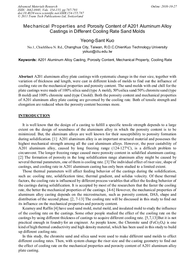 Mechanical Properties and Porosity Content of A201 Aluminum Alloy ...