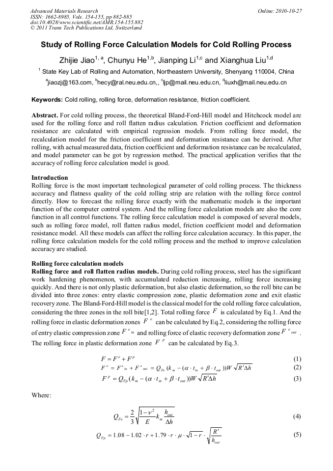 Study of Rolling Force Calculation Models for Cold Rolling Process ...