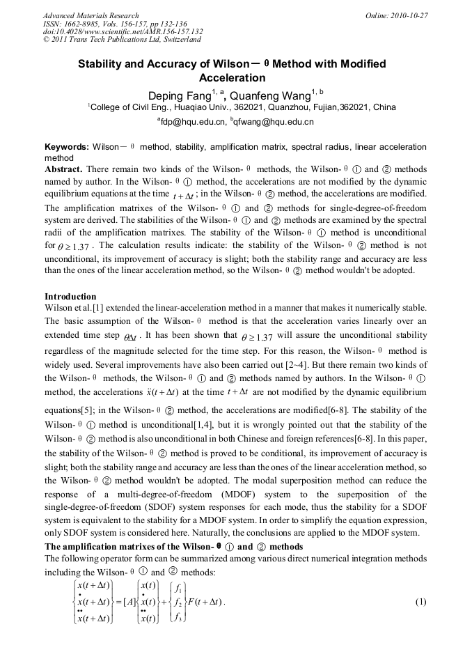 Stability and Accuracy of Wilson－θ Method with Modified Acceleration ...