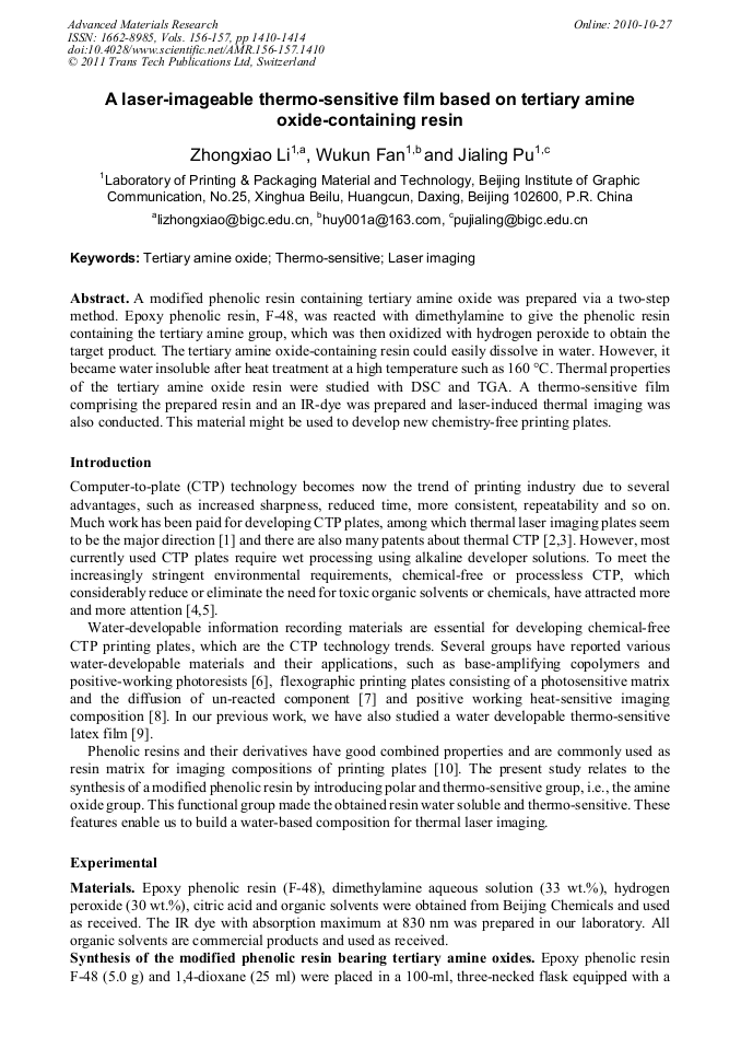 A Laser-Imageable Thermo-Sensitive Film Based on Tertiary Amine Oxide ...