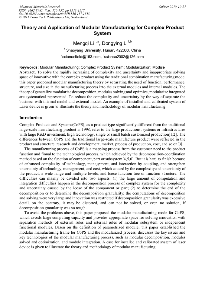 Theory and Application of Modular Manufacturing for Complex Product ...