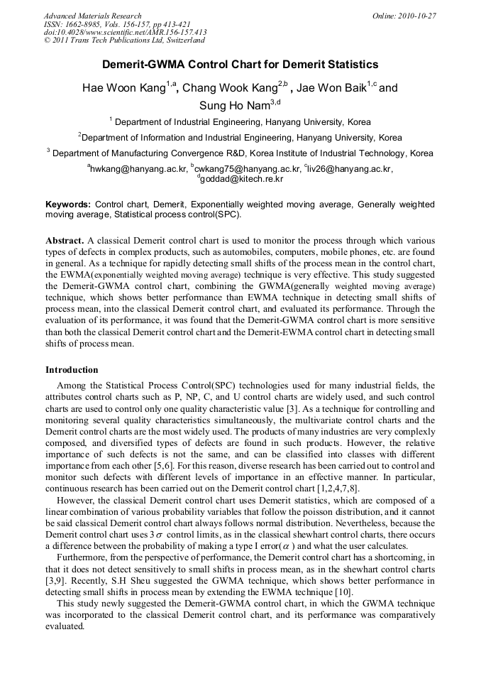 Demerit-GWMA Control Chart for Demerit Statistics | Scientific.Net