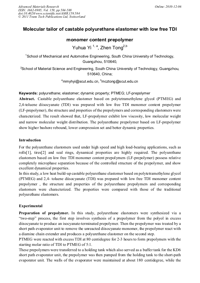 Molecular Tailor of Castable Polyurethane Elastomer with Low Free TDI ...