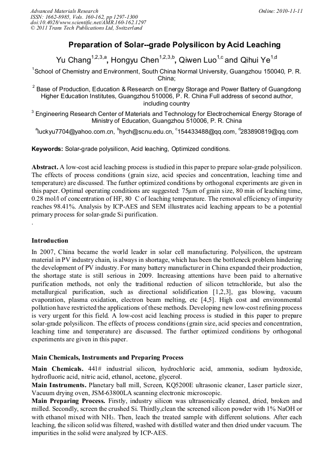 Preparation of Solar-Grade Polysilicon by Acid Leaching | Scientific.Net
