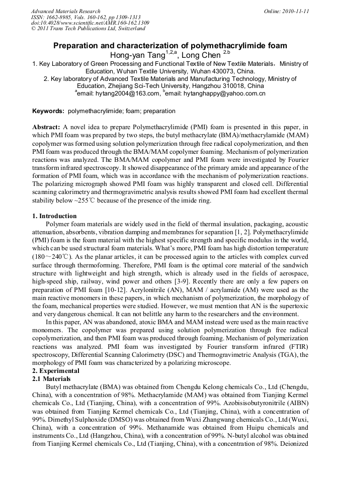 Preparation and Characterization of Polymethacrylimide Foam ...