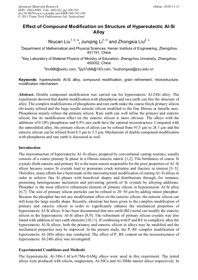 Effect of Compound Modification on Structure of Hypereutectic Al-Si ...
