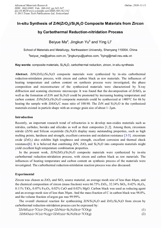 In Situ Synthesis of ZrN(ZrO2)/Si2N2O Composite Materials from Zircon ...