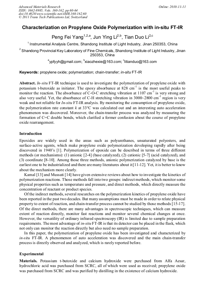 Characterization on Propylene Oxide Polymerization with In Situ FT-IR ...