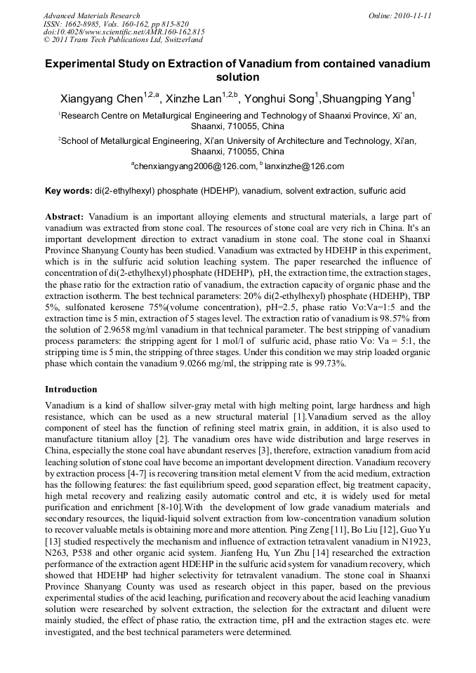 Experimental Study on Extraction of Vanadium from Contained Vanadium ...