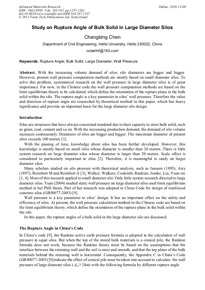 Study on Rupture Angle of Bulk Solid in Large Diameter Silos ...