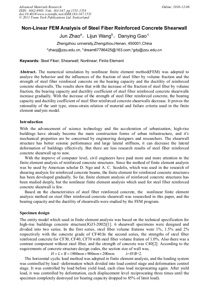Non-Linear FEM Analysis of Steel Fiber Reinforced Concrete Shearwall ...