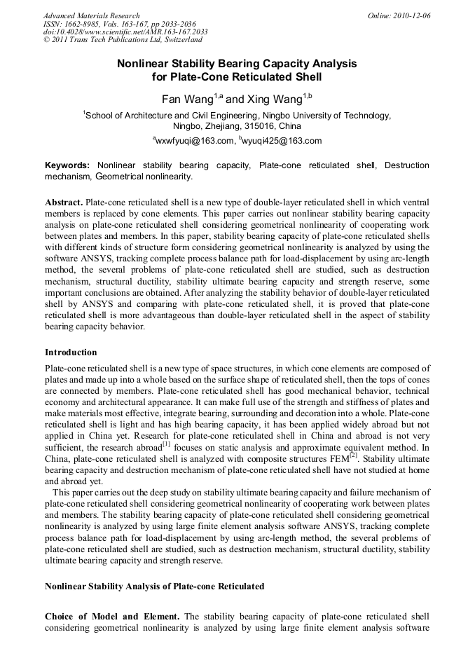 Nonlinear Stability Bearing Capacity Analysis for Plate-Cone Reticulated Shell | Scientific.Net