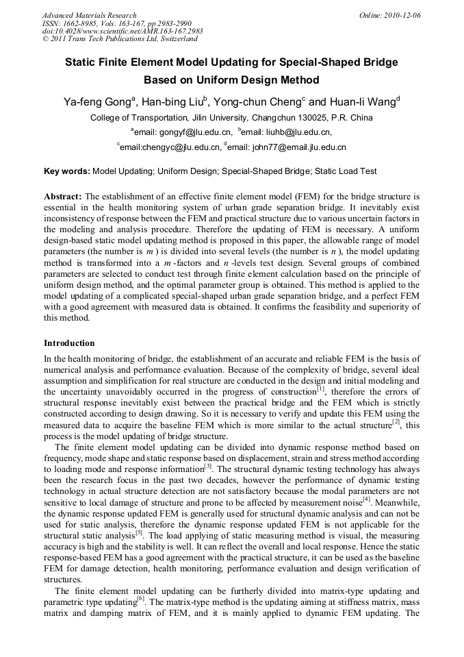 Static Finite Element Model Updating for Special-Shaped Bridge Based on Uniform Design Method ...
