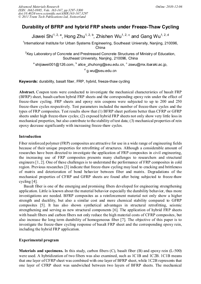 Durability of BFRP and Hybrid FRP Sheets under Freeze-Thaw Cycling ...