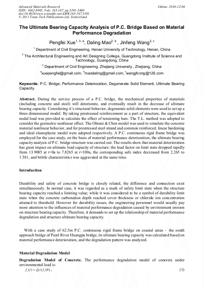 The Ultimate Bearing Capacity Analysis of P.C. Bridge Based on Material ...