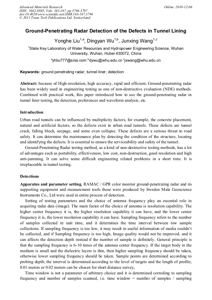 Ground-Penetrating Radar Detection of the Defects in Tunnel Lining | Scientific.Net