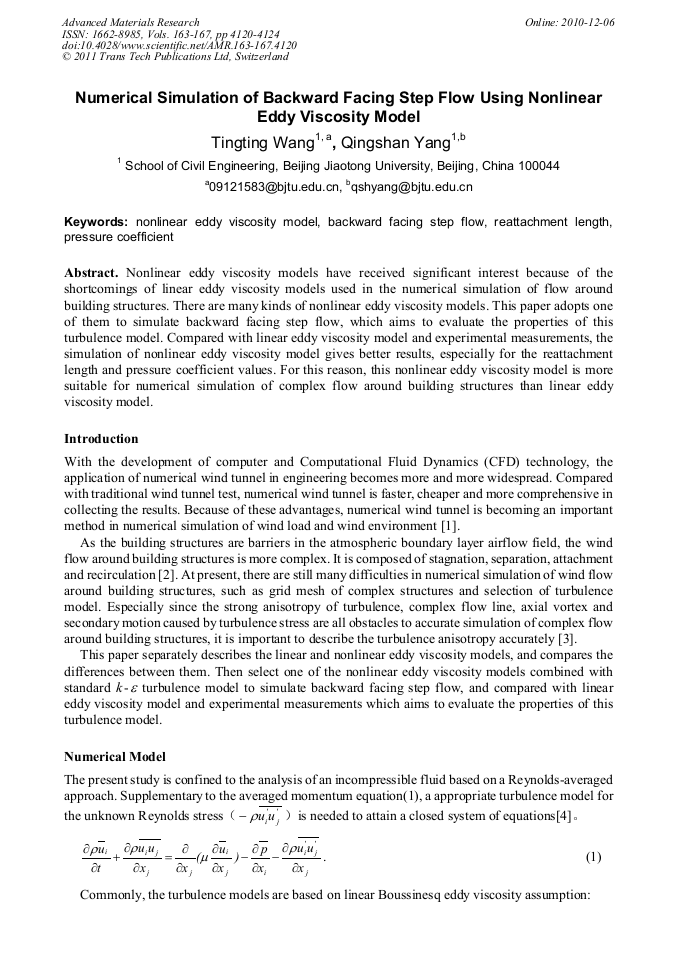 Numerical Simulation of Backward Facing Step Flow Using Nonlinear Eddy Viscosity Model ...