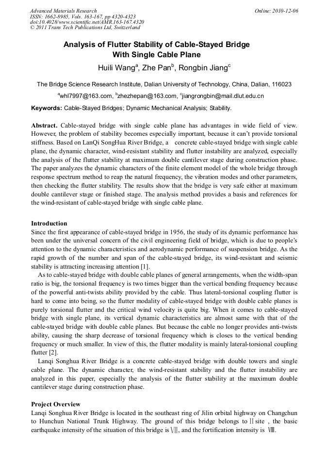 Analysis of Flutter Stability of Cable-Stayed Bridge with Single Cable Plane | Scientific.Net