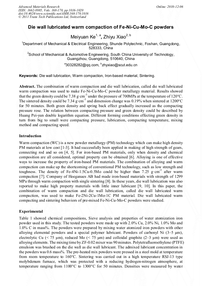 Die Wall Lubricated Warm Compaction of Fe-Ni-Cu-Mo-C Powders ...