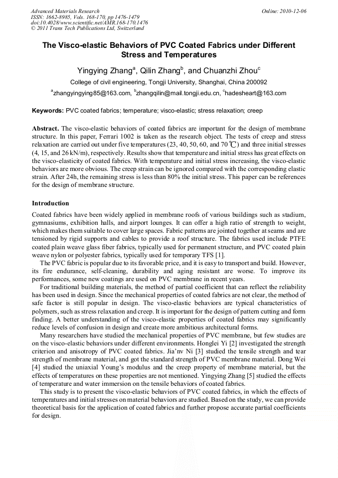 The Visco-Elastic Behaviors of PVC Coated Fabrics under Different ...