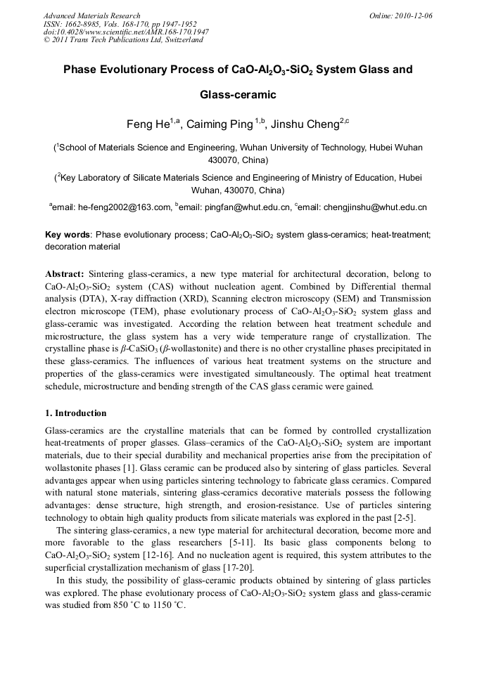 Phase Evolutionary Process of CaO-Al2O3-SiO2 System Glass and Glass ...
