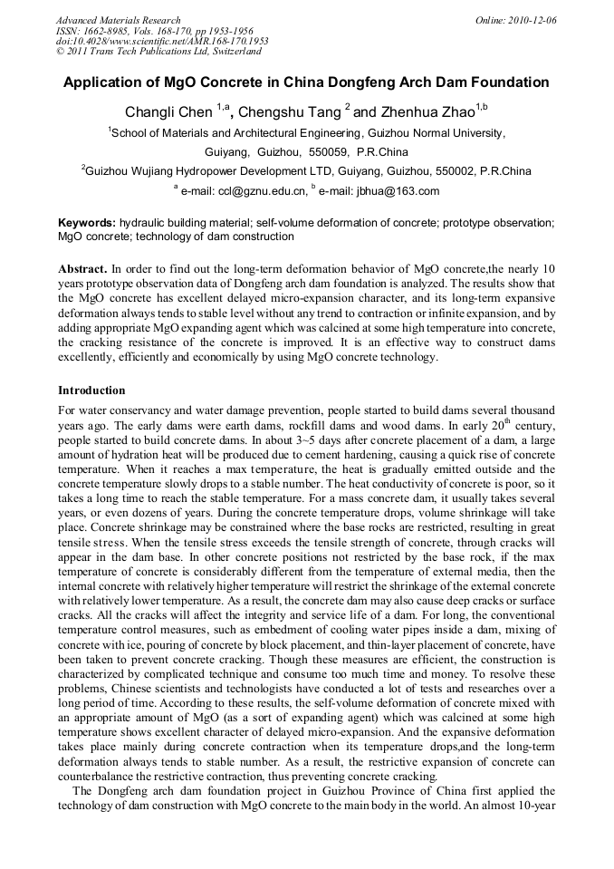 Application of MgO Concrete in China Dongfeng Arch Dam Foundation ...