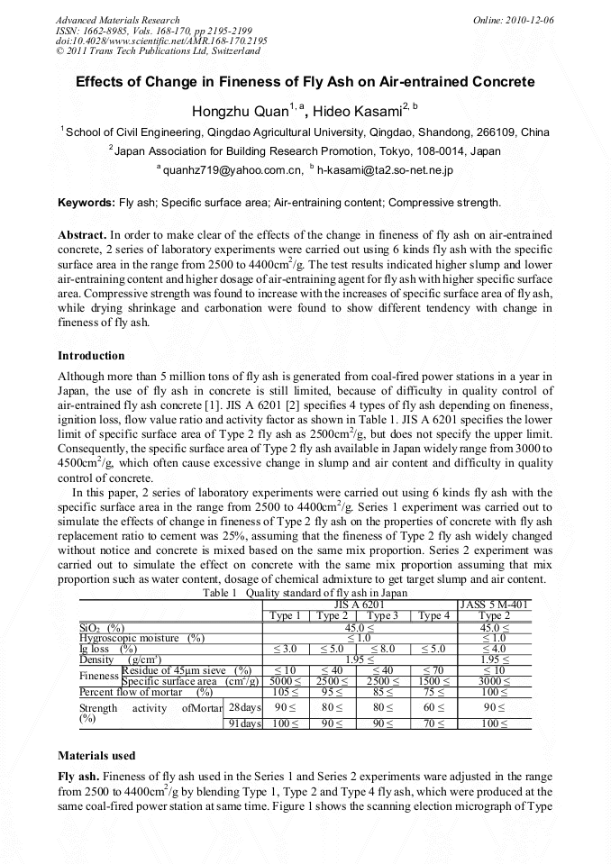 Effects of Change in Fineness of Fly Ash on Air-Entrained Concrete ...