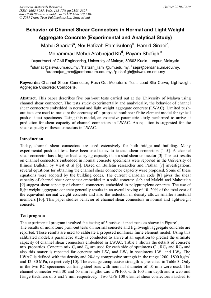 Behavior of Channel Shear Connectors in Normal and Light Weight ...