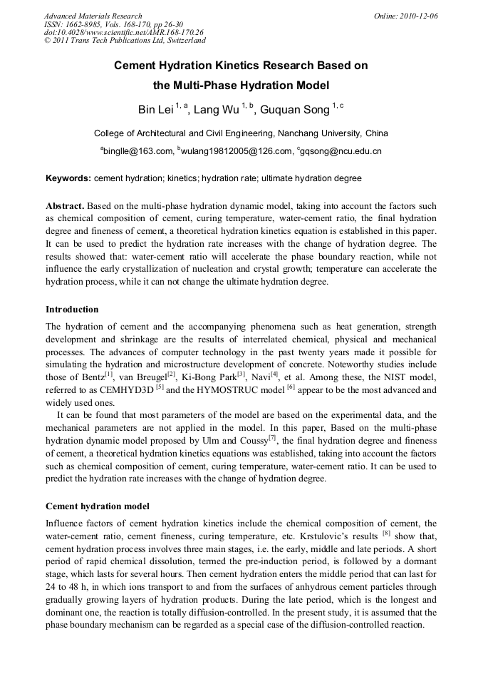 Cement Hydration Kinetics Research Based on the Multi-Phase Hydration ...