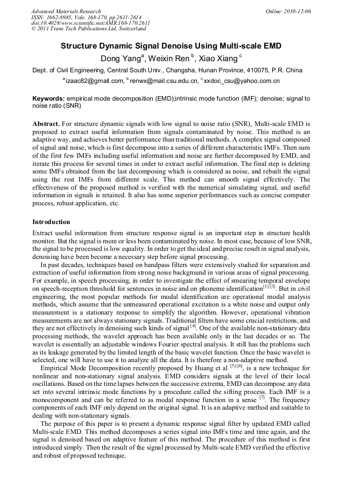 Structure Dynamic Signal Denoise Using Multi Scale Emd Scientificnet 0102