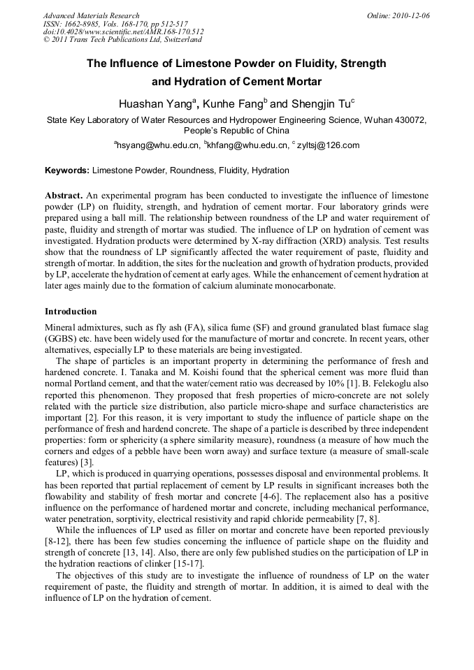 The Influence of Limestone Powder on Fluidity, Strength and Hydration ...
