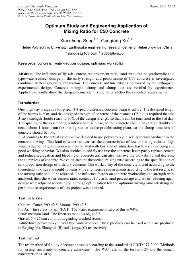 Optimum Study and Engineering Application of Mixing Ratio for C50 ...