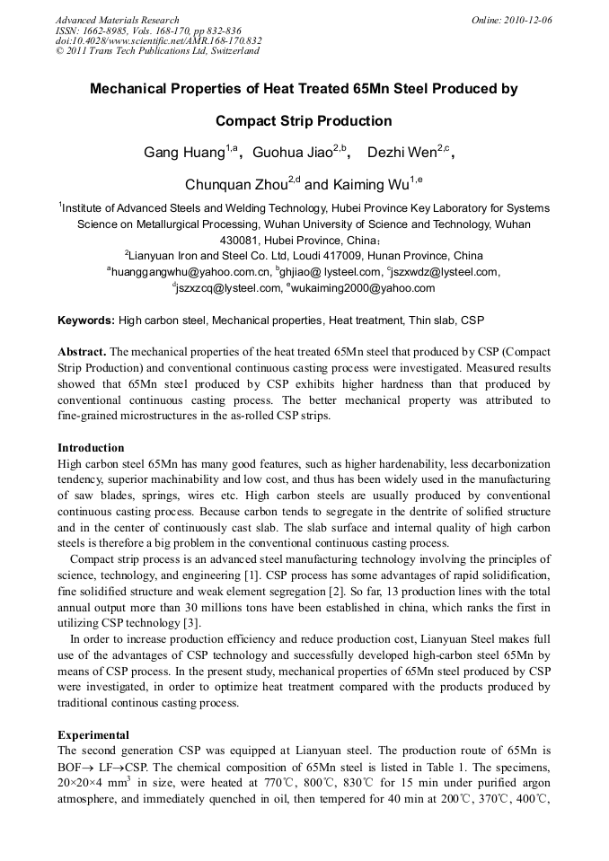 Mechanical Properties of Heat Treated 65Mn Steel Produced by Compact ...