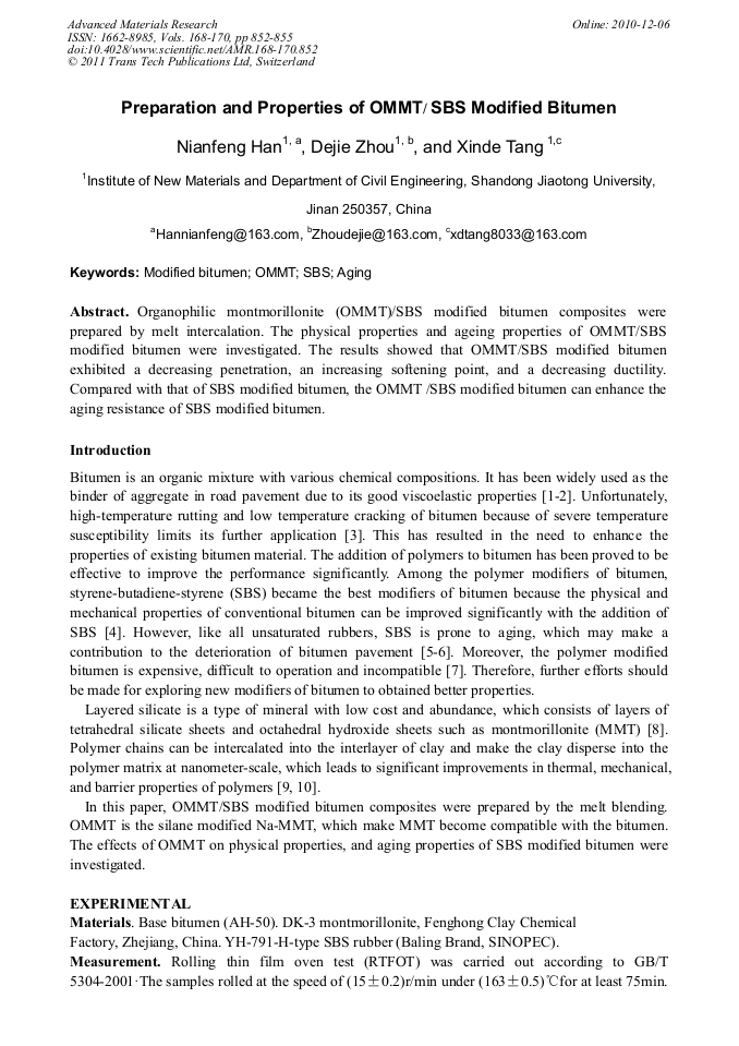 Preparation and Properties of OMMT/ SBS Modified Bitumen | Scientific.Net