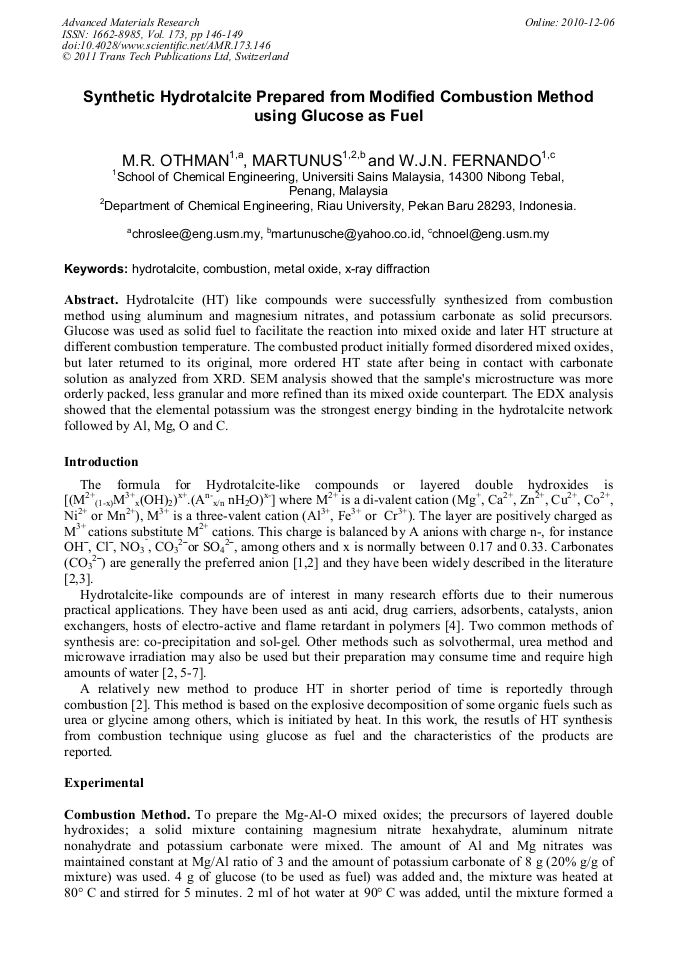 Synthetic Hydrotalcite Prepared from Modified Combustion Method Using ...