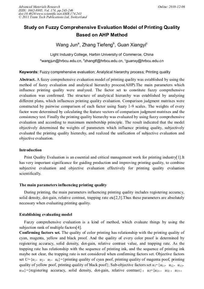 Study on Fuzzy Comprehensive Evaluation Model of Printing Quality Based ...